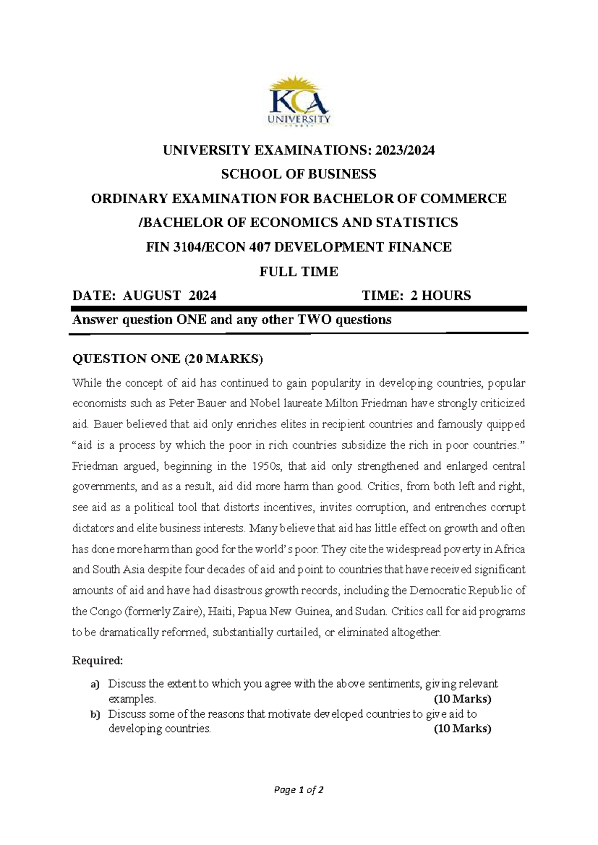 FIN 407 Development Finance: Past Exam Paper Analysis - Studocu