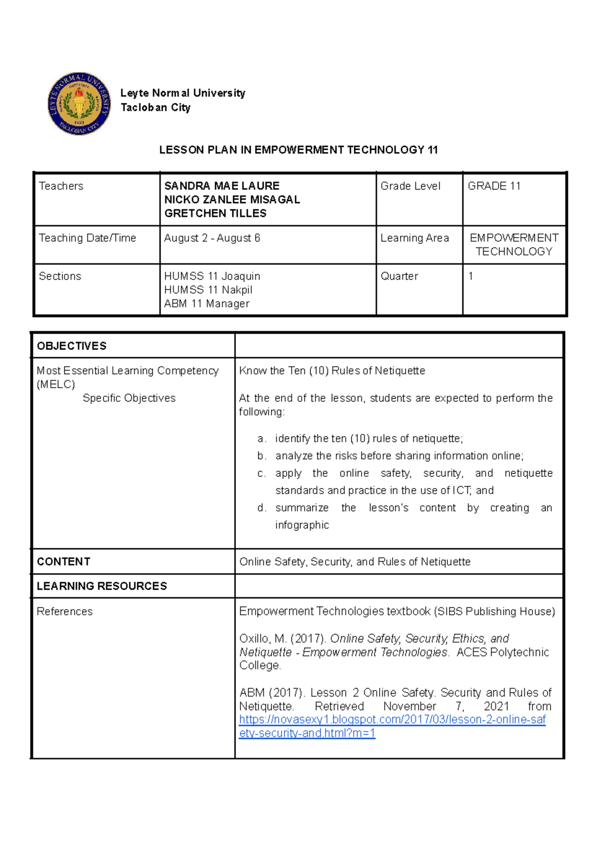 PROF ED 106 Semi-Detailed Lesson Plan on Online Safety & Netiquette ...