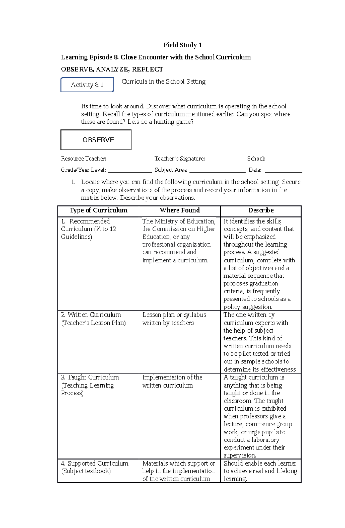 FS 1 Episode 8 - Exploring Types of Curriculum in School Settings - Studocu