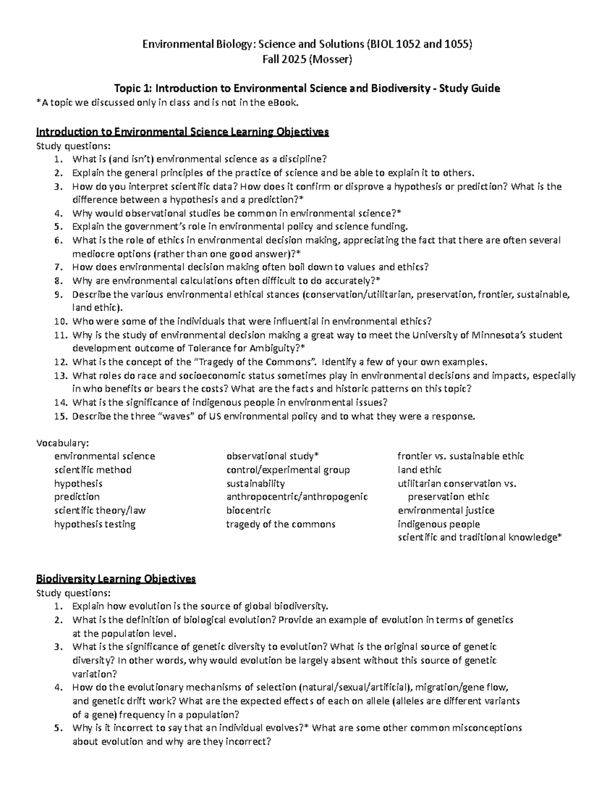 Environmental Science & Biodiversity Study Guide (BIOL 1052/1055) - Studocu