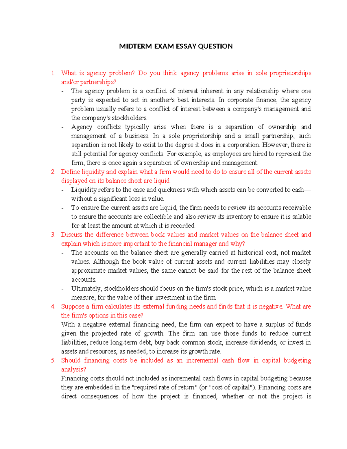 MIDTERM EXAM ESSAY QUESTIONS: A Study on Agency Problems & Finance ...
