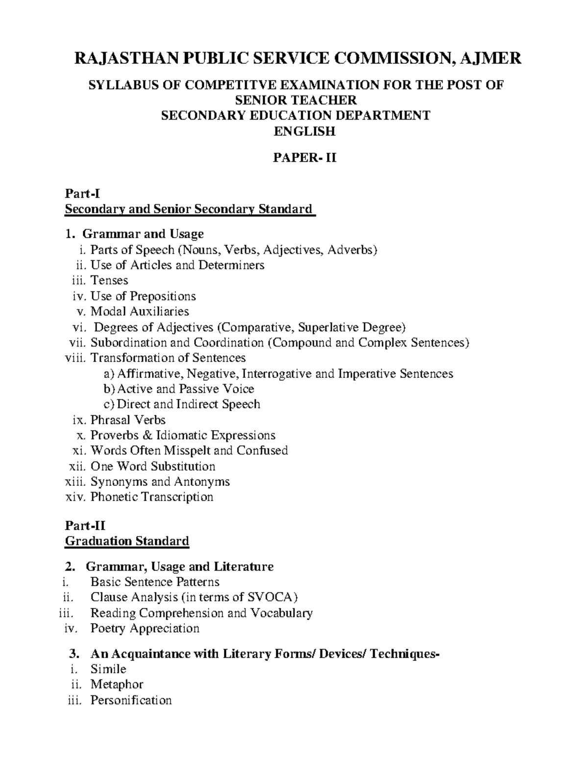 RPSC Ajmer Syllabus for Senior Teacher English Exam - Studocu