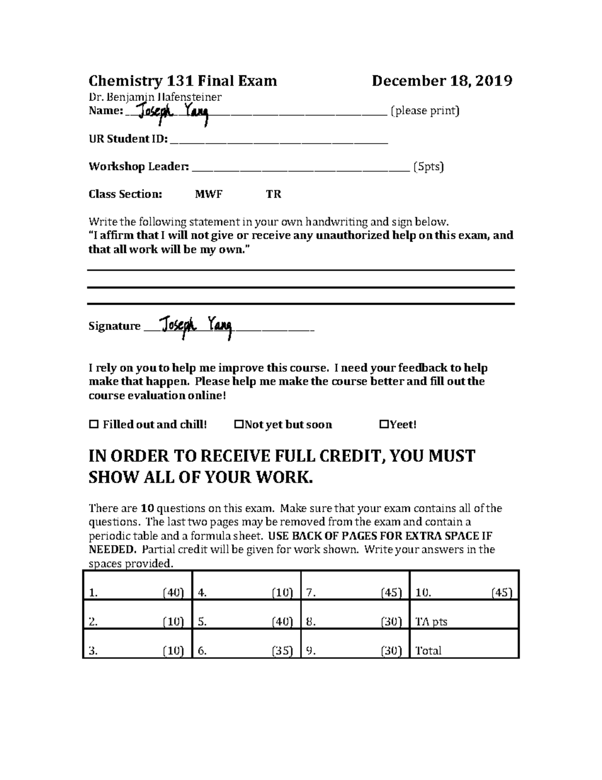 Chemistry 131 Final Exam - Chemistry 131 Final Exam December 18, 2019 ...