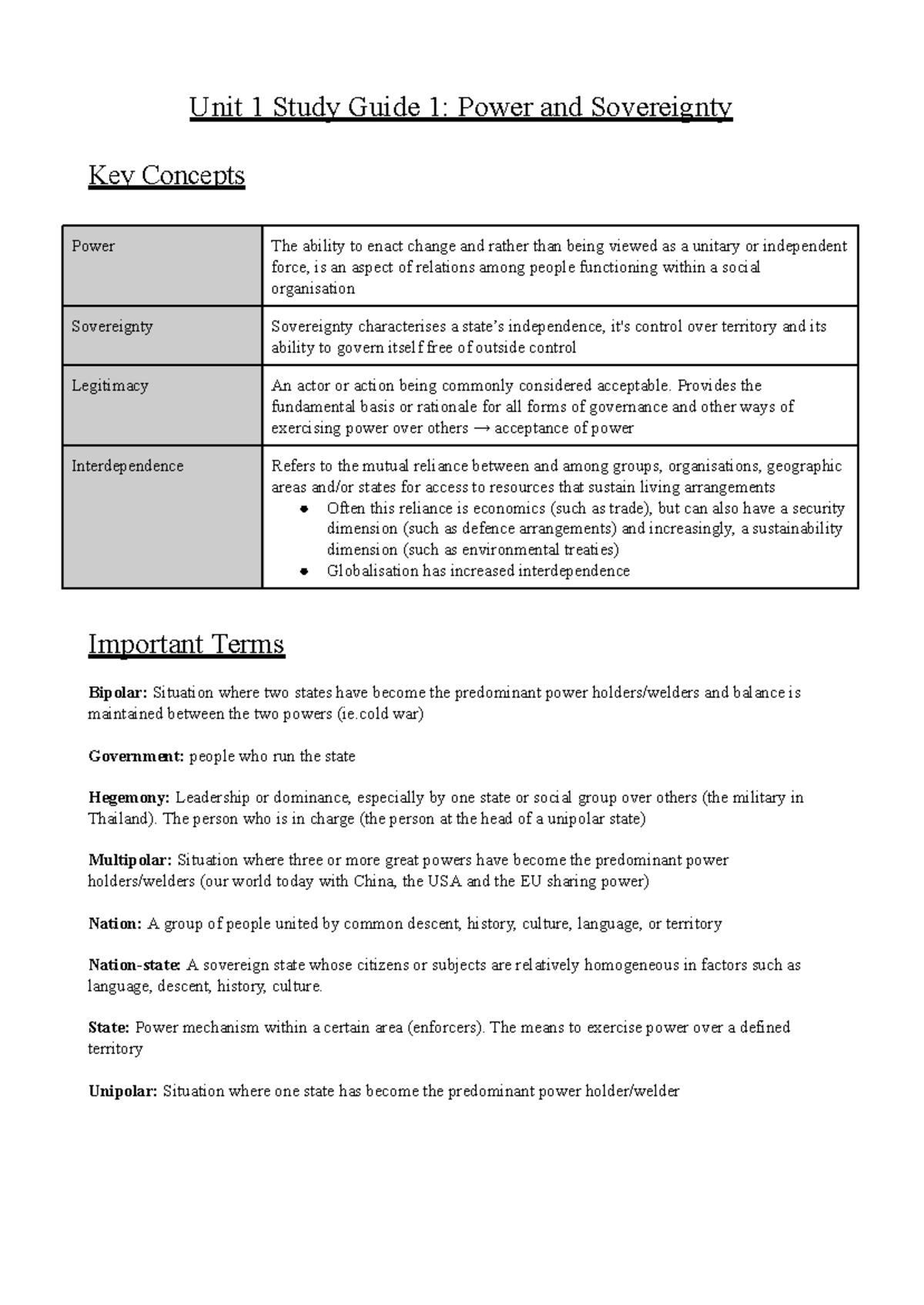 GP Notes Final - Unit 1 Study Guide 1: Power and Sovereignty Key ...