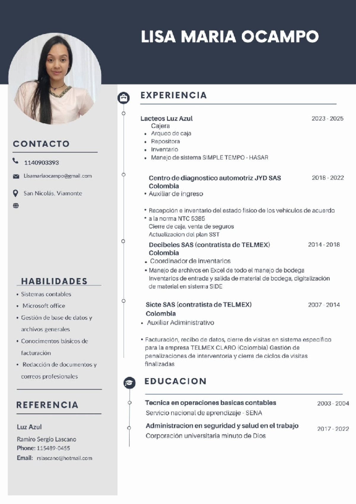 CV de Lisa Maria Ocampo - Experiencia Laboral y Educación - Studocu