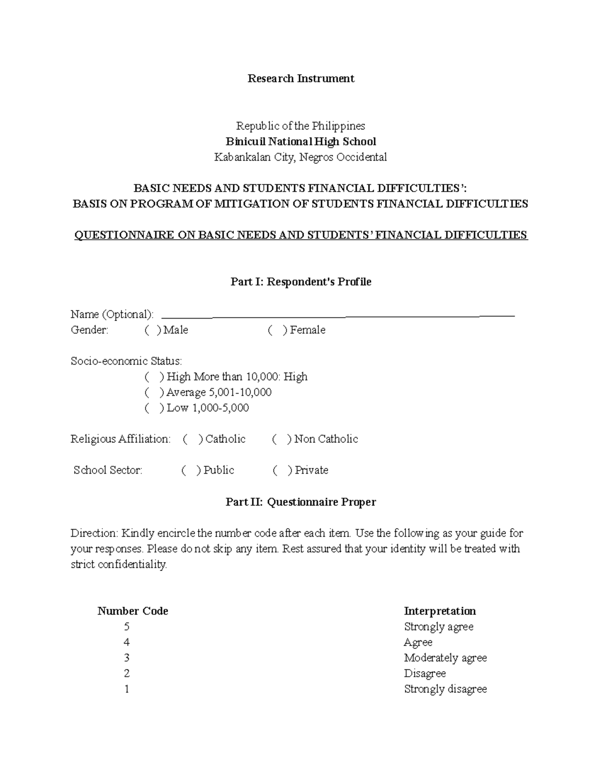 Questionnaire G 3 - QUESTIONS - Research Instrument Republic of the ...