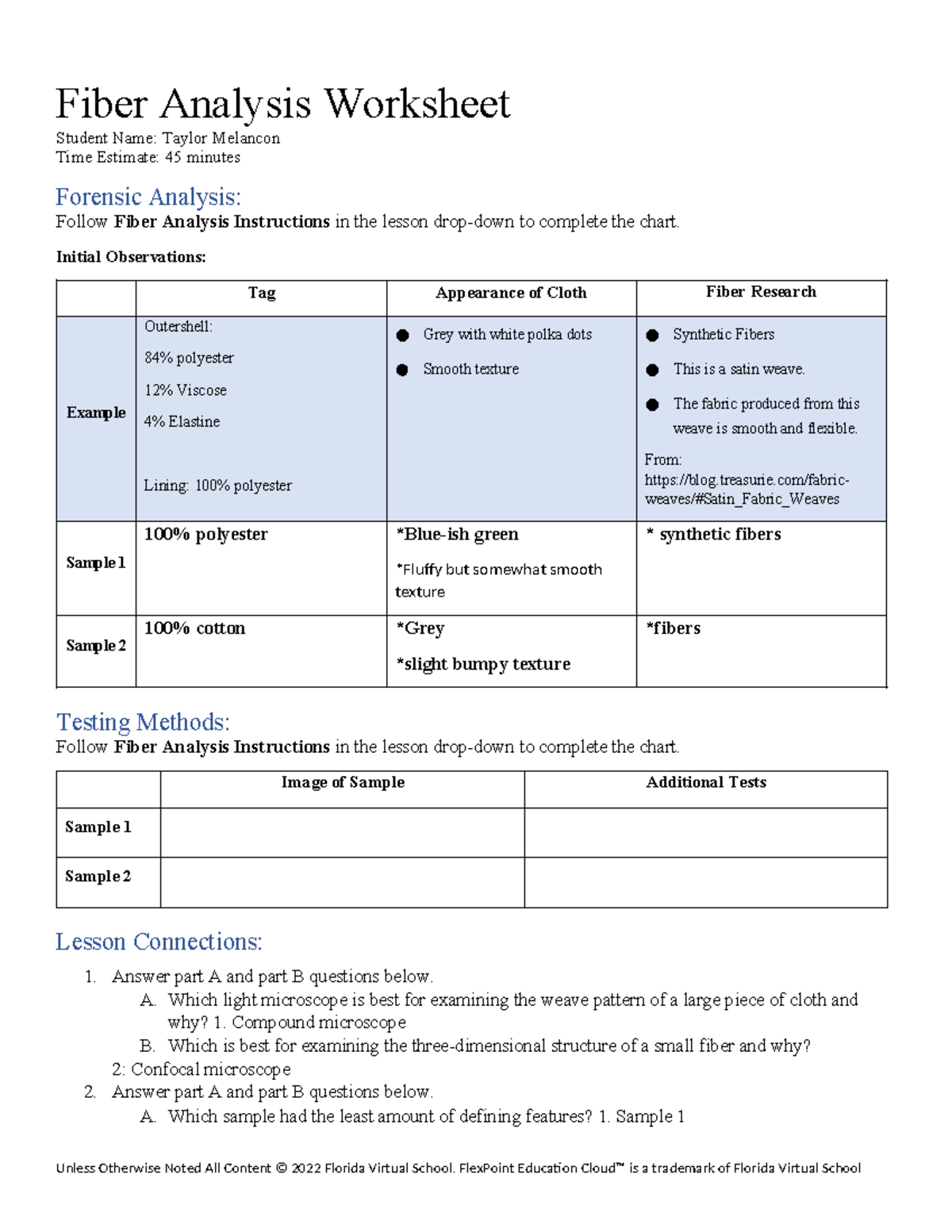 Fiber evidence worksheet - Fiber Analysis Worksheet Student Name ...