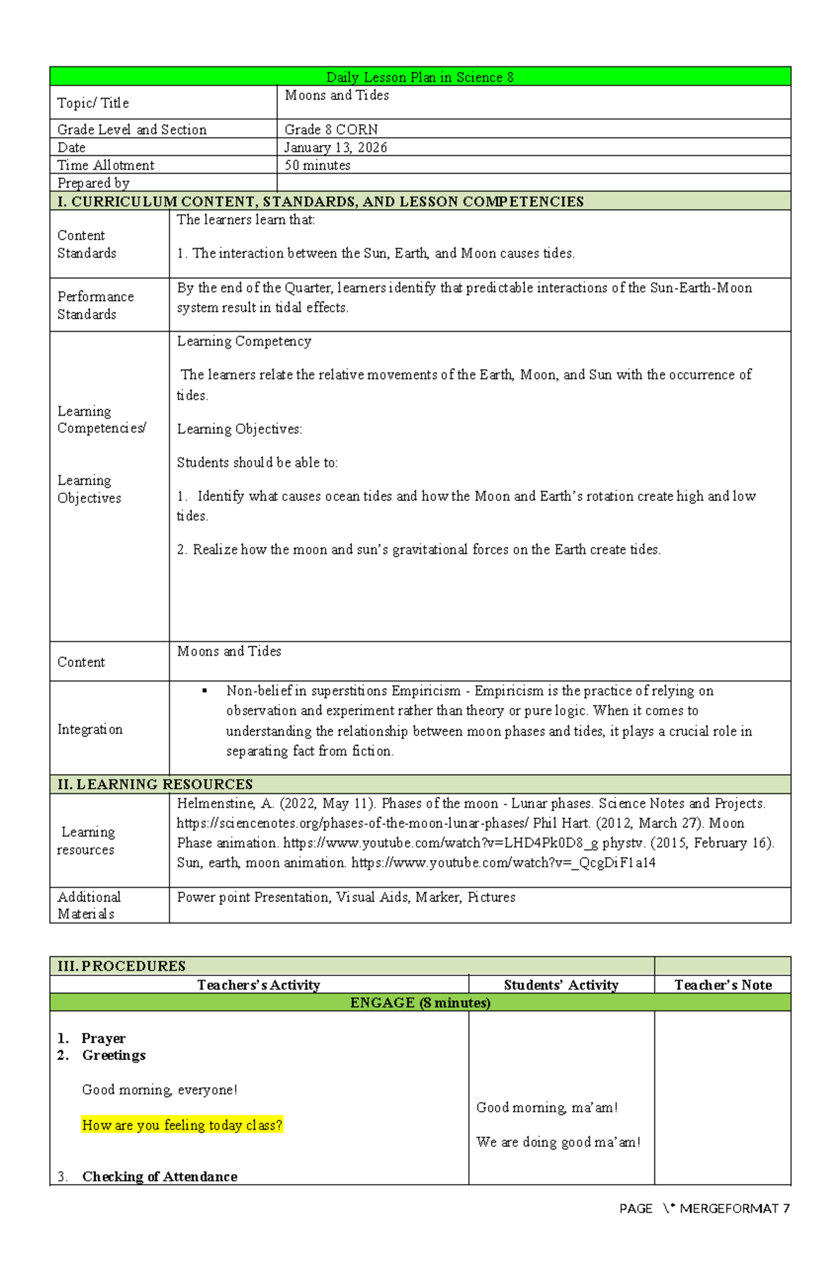 Daily Lesson Plan: Moons and Tides for Grade 8 (LP CO2) - Studocu