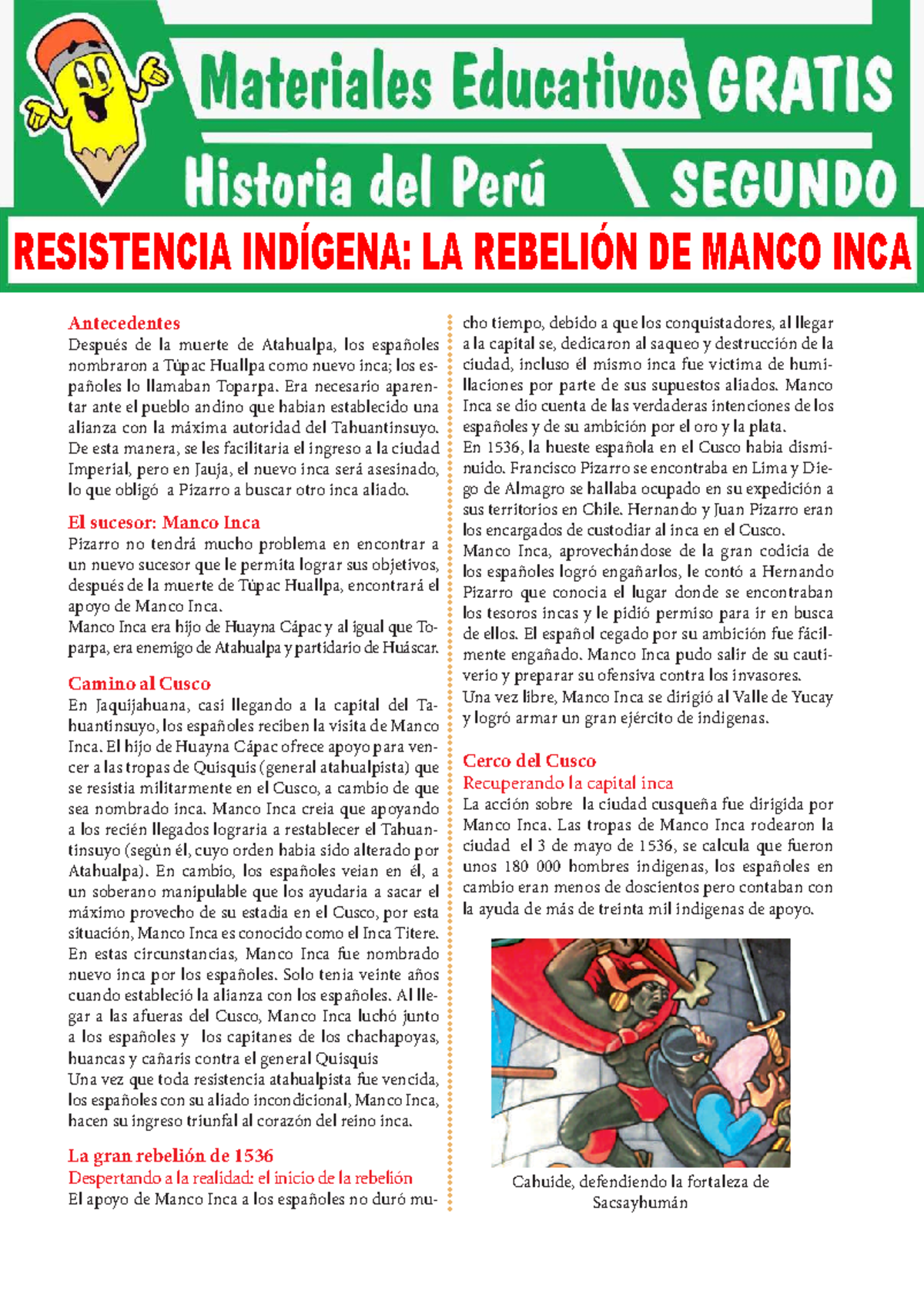 La Rebelión de Manco Inca para Segundo Grado de Secundaria - Cahuide ...