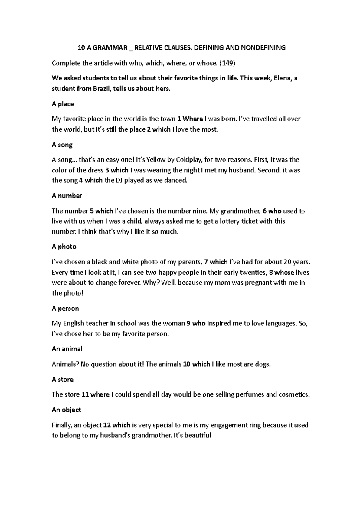 10 A Grammar - Relative Clauses: Defining & Non-defining Practice - Studocu