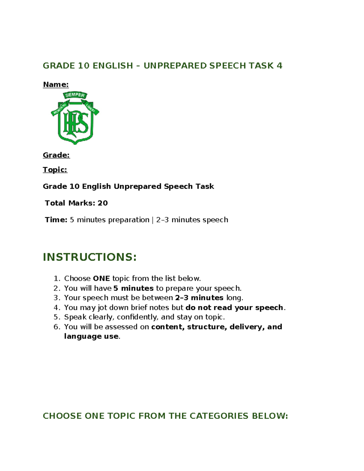 Grade 10 English Unprepared Speech Task Overview - Studocu