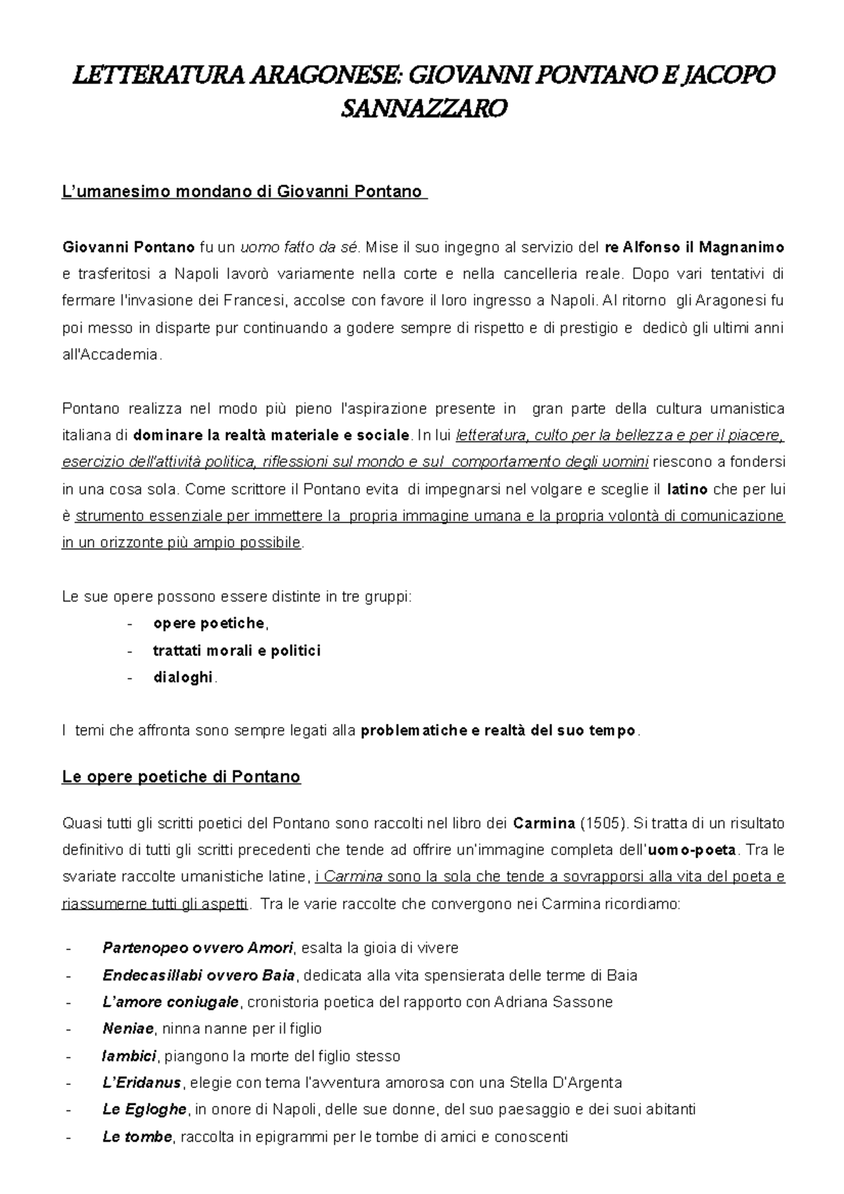 Letteratura Aragonese Giovanni Pontano E Jacopo Sannazzaro ...