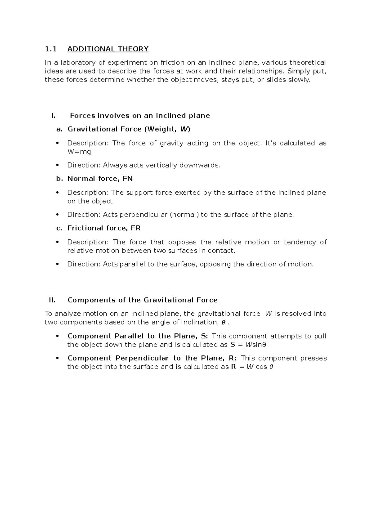 1.1 ADDITIONAL THEORY: Friction on an Inclined Plane - Studocu