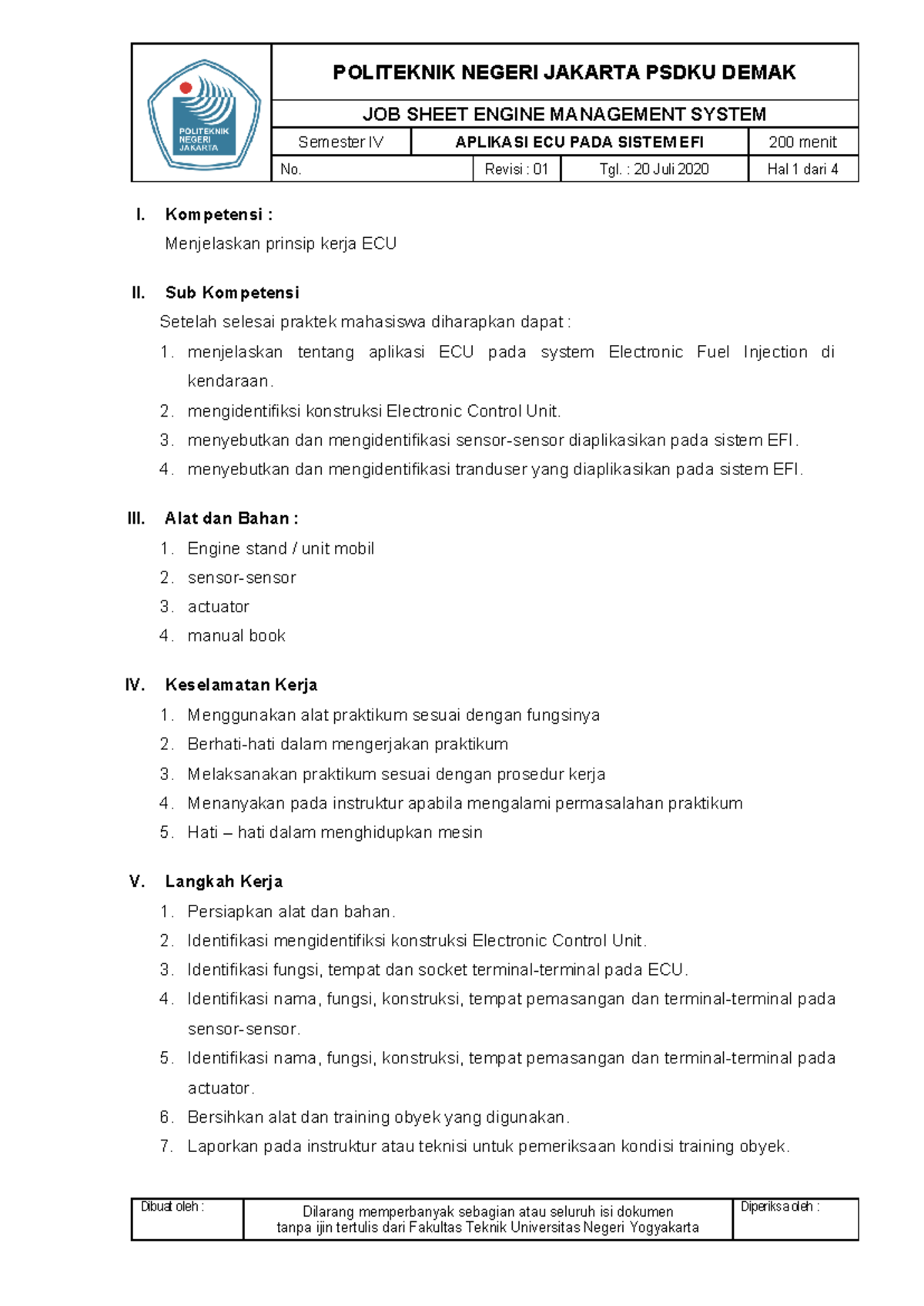Job Sheet: Aplikasi ECU pada Sistem EFI - Semester IV - Studocu