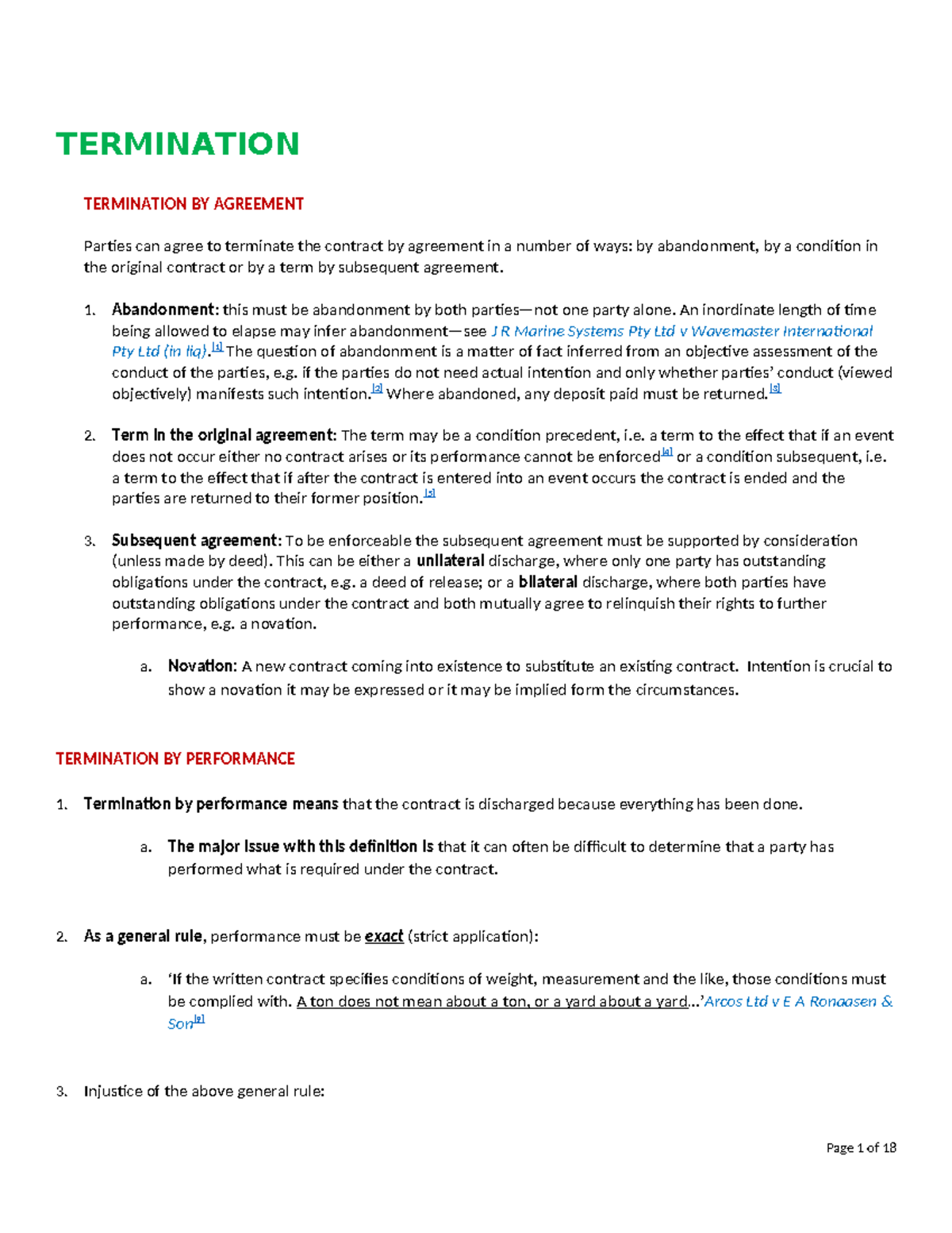 Contract Law Exam Notes (Part 2) - Termination & Performance - Studocu