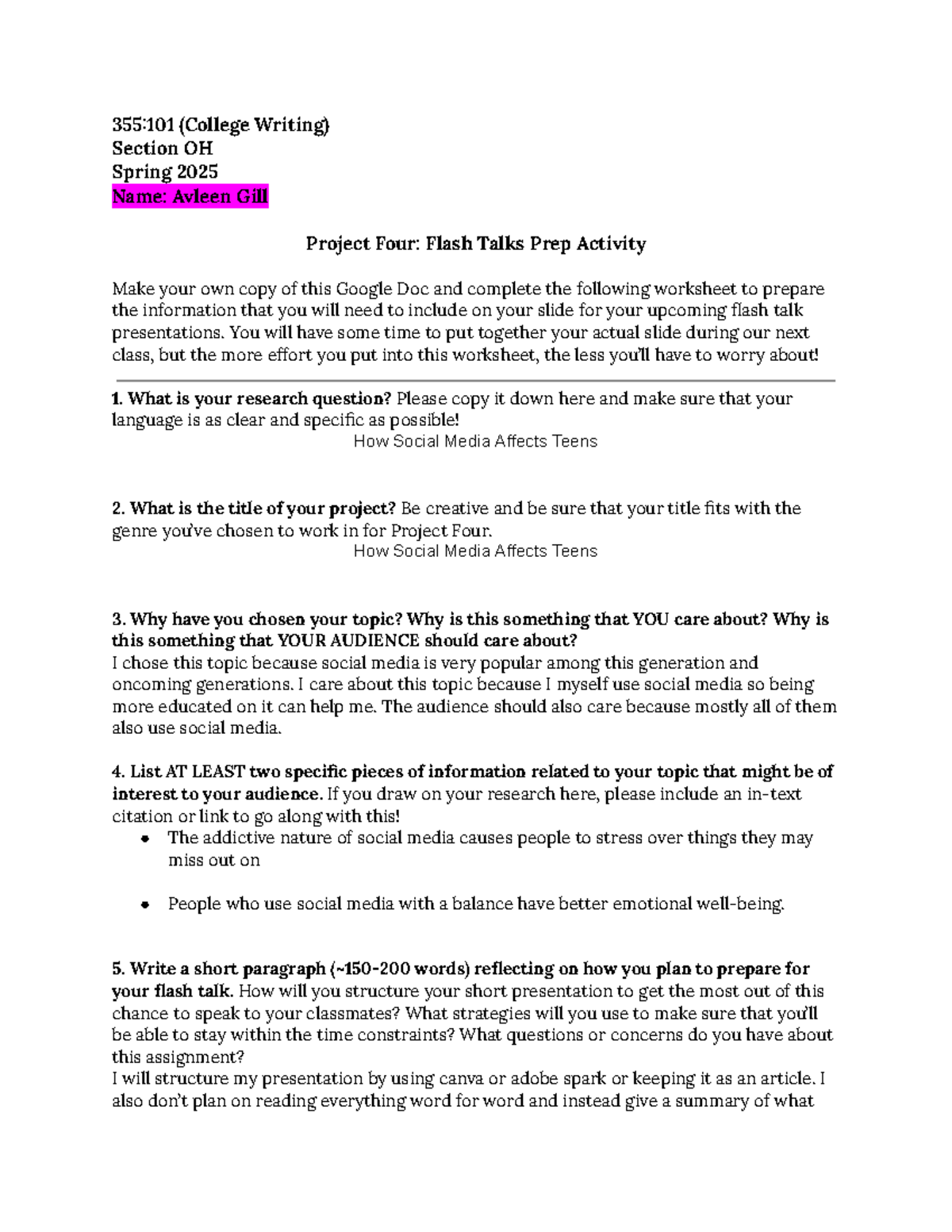 355:101 (College Writing) Flash Talks Prep Activity Guide - Studocu
