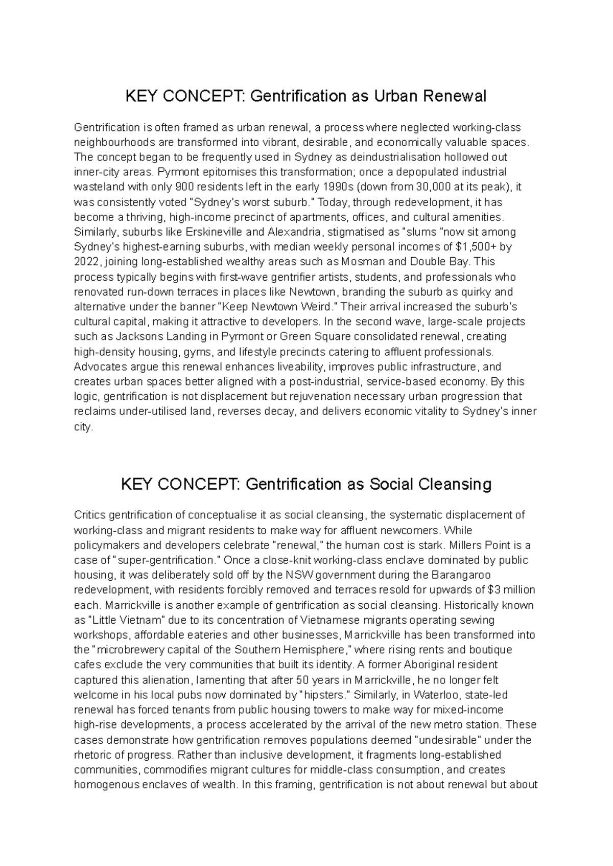 KEY Concepts Week 5: Gentrification as Urban Renewal vs. Social ...