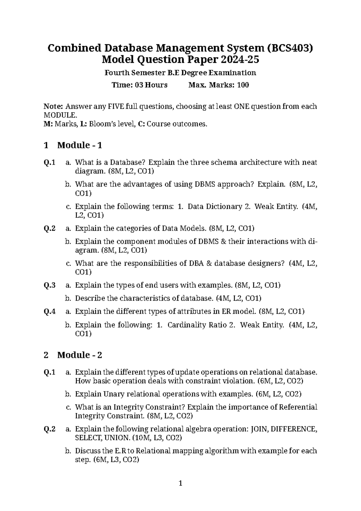 Combined DBMS Model Question Paper (BCS403) - PYQs & MQPs - Studocu