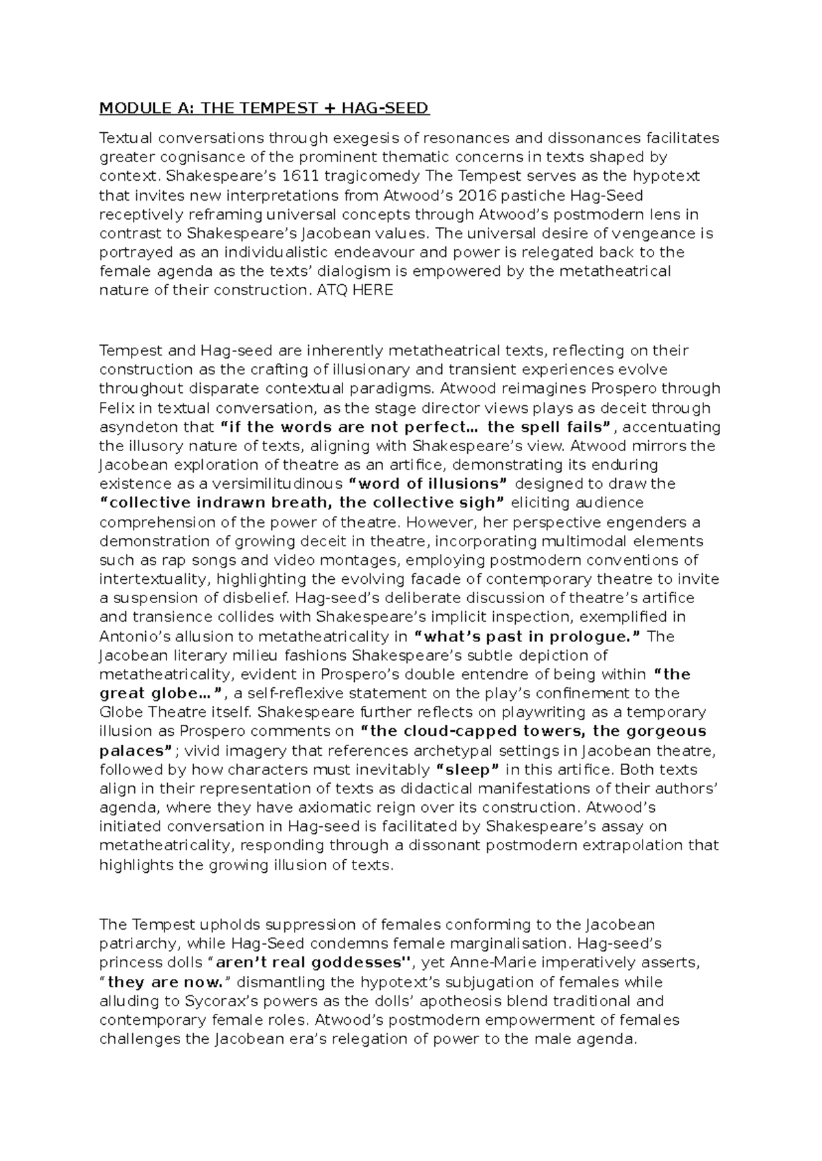 MOD A - The Tempest & Hag-seed: A Thematic Essay Analysis - Studocu