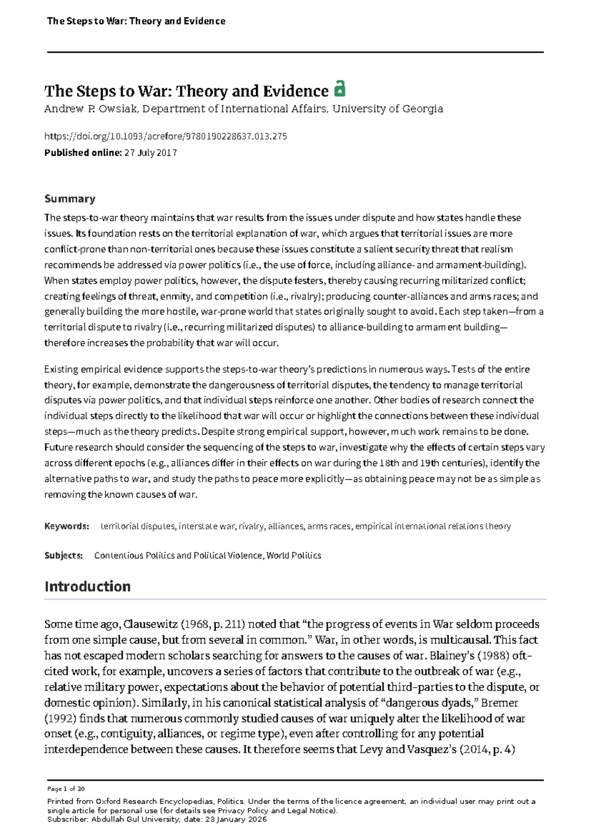 The Steps to War: A Comprehensive Analysis of Theory and Evidence - Studocu