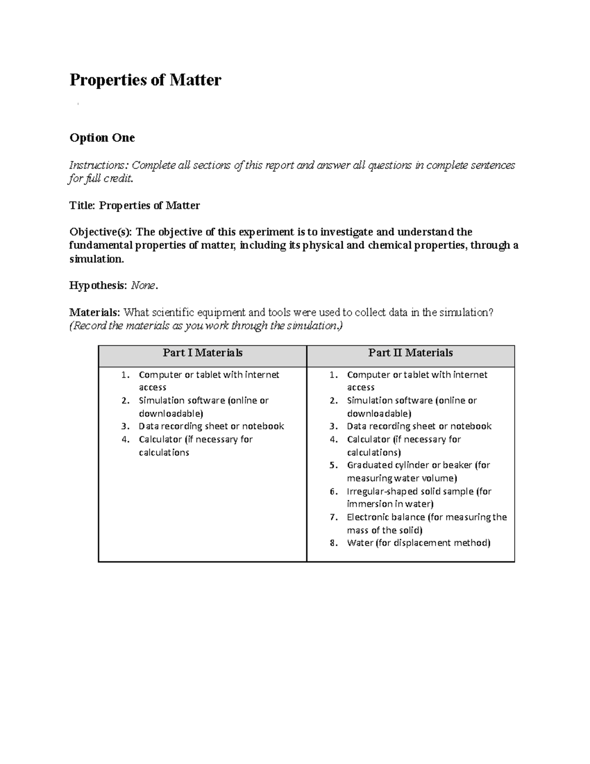 Properties matter option one report - Properties of Matter Option One ...