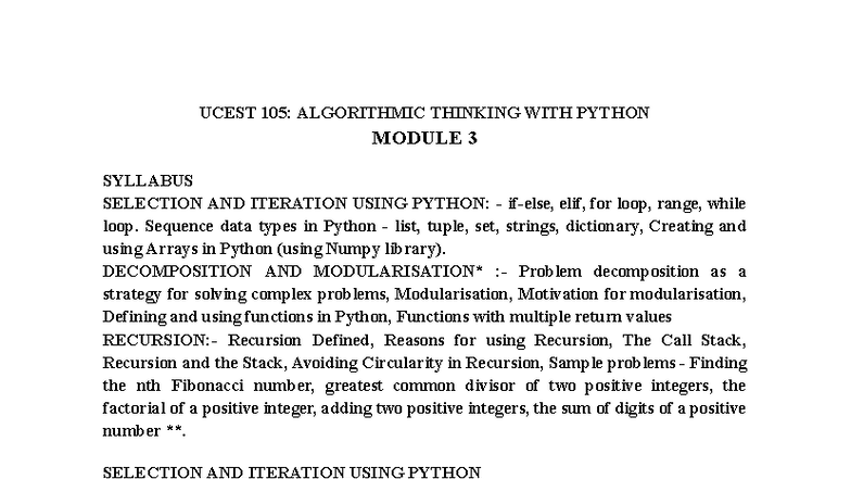 UCEST 105: Module 3 Syllabus on Python Selection & Iteration - Studocu
