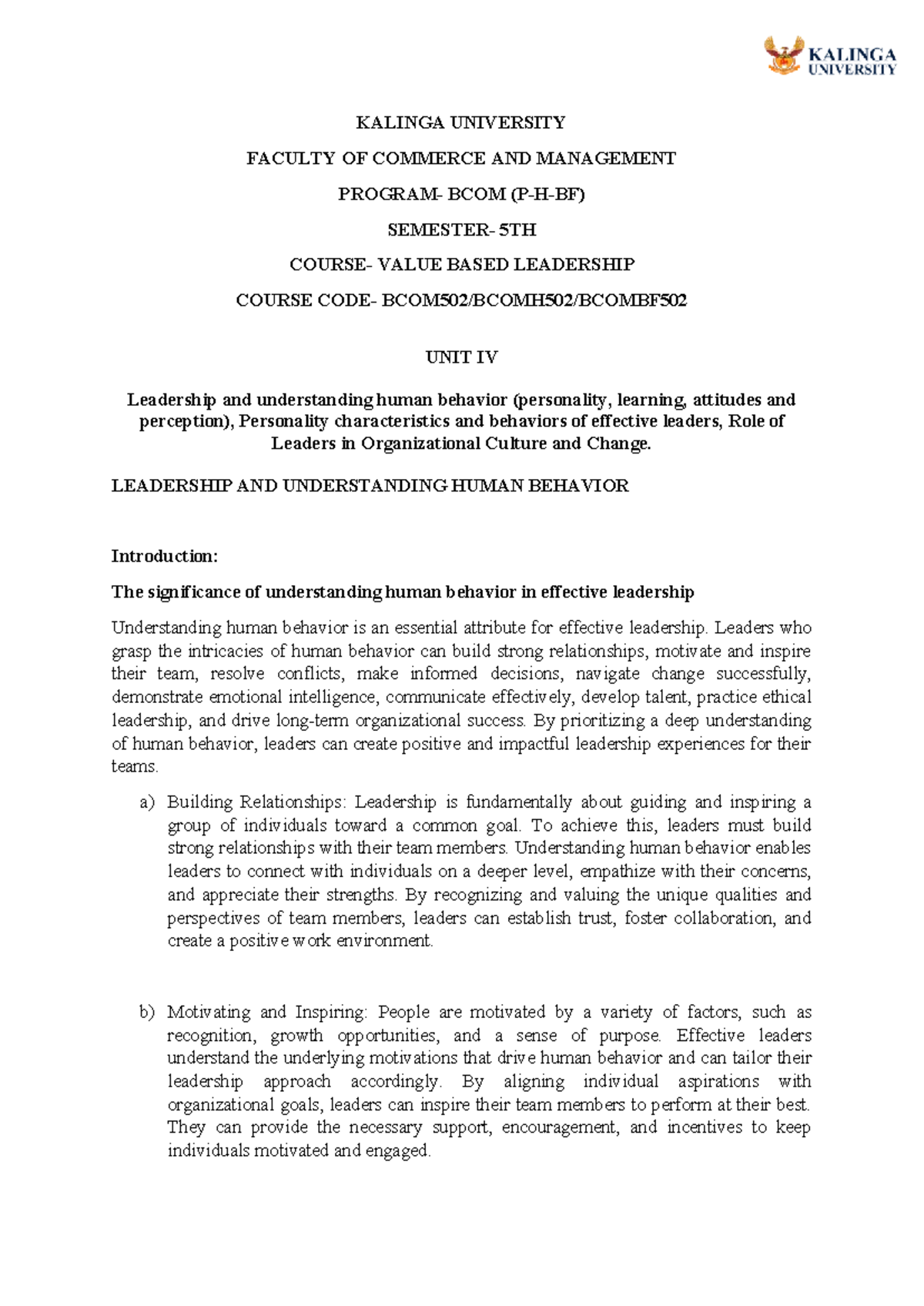BCOM 5TH VALUE BASED LEADERSHIP: UNIT IV - Leadership & Human Behavior ...