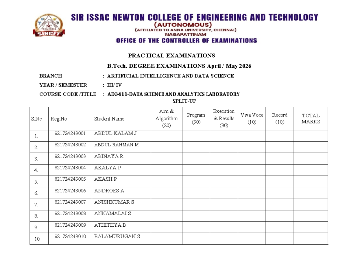 AD3411 - Data Science & Analytics Lab Practical Exam Split-Up - Studocu