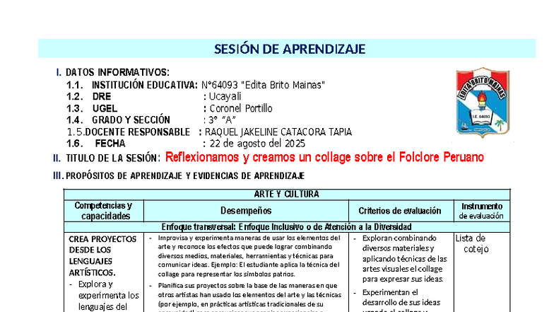 SESION DE APRENDIZAJE I - Collage sobre el Folklore Peruano - Studocu
