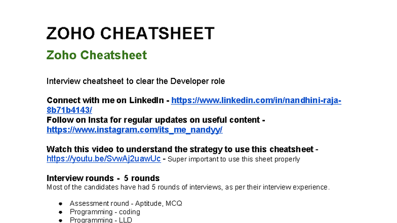 Zoho Cheatsheet Developer Interview Prep Guide Studocu
