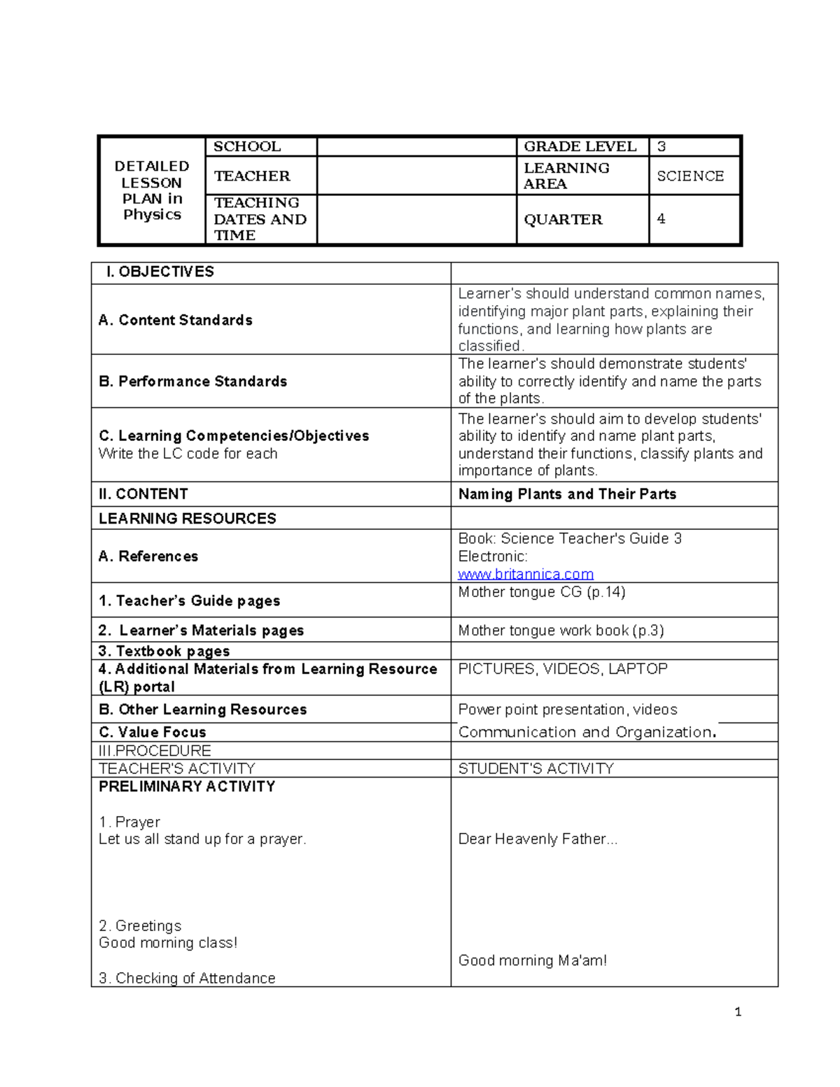 DETAILED LESSON PLAN: Understanding Plant Parts for Grade 3 Science ...