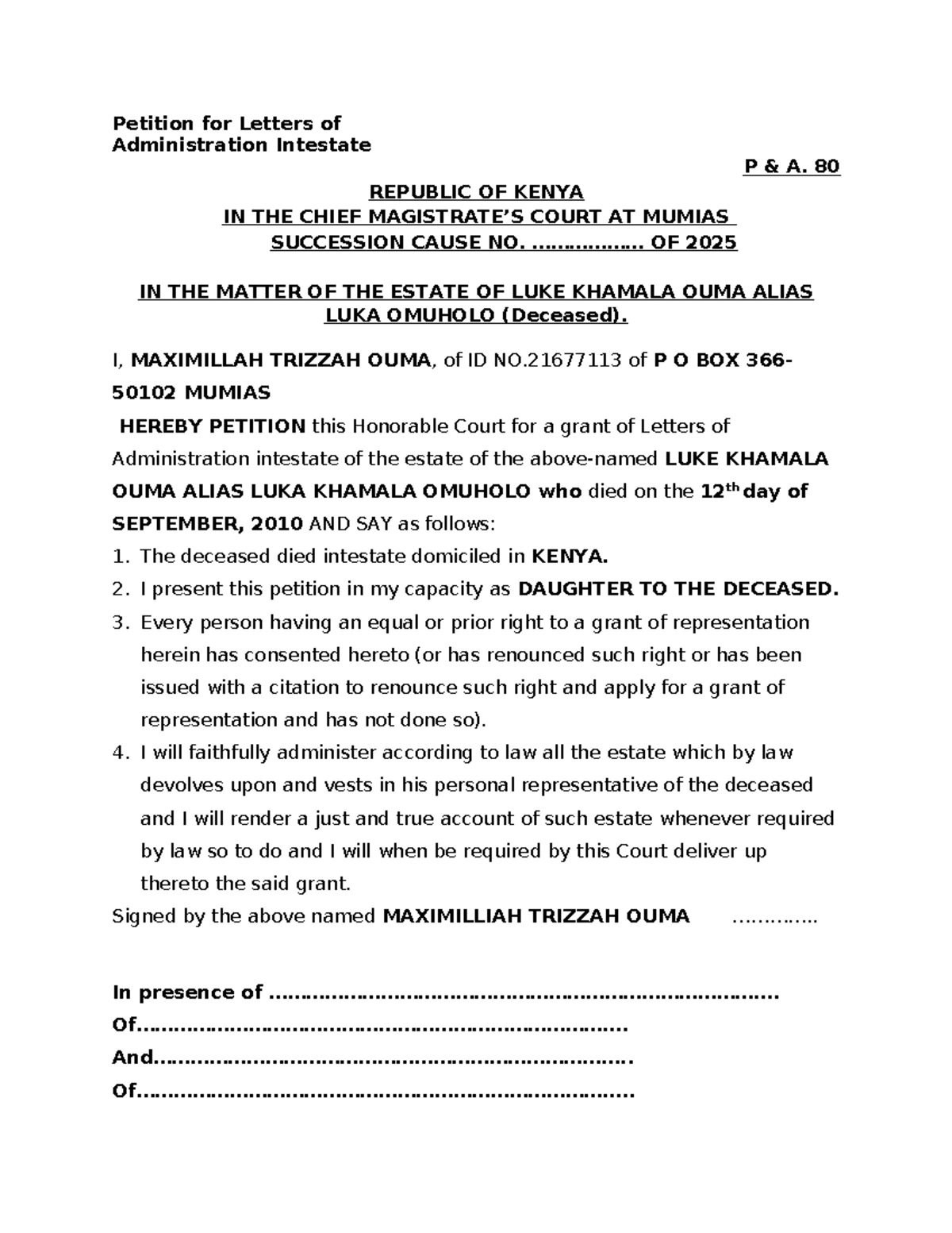 Petition for Letters of Administration Intestate - Succession Cause ...