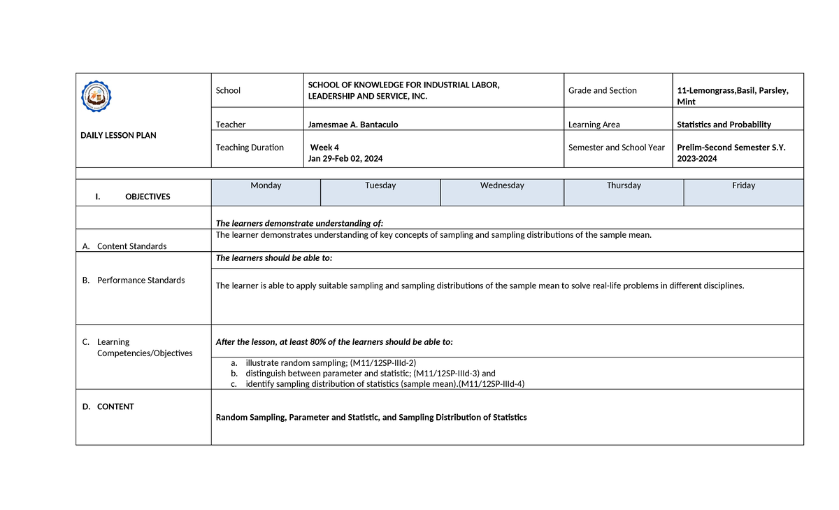 DLL WEEK 5: Daily Lesson Plan for Statistics & Probability (Jan 29-Feb ...