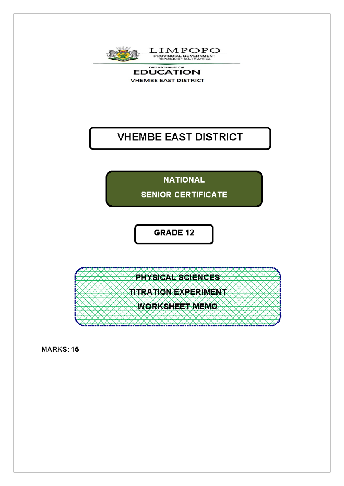 Grade 12 Physical Sciences Titration Experiment Worksheet Memo - Studocu