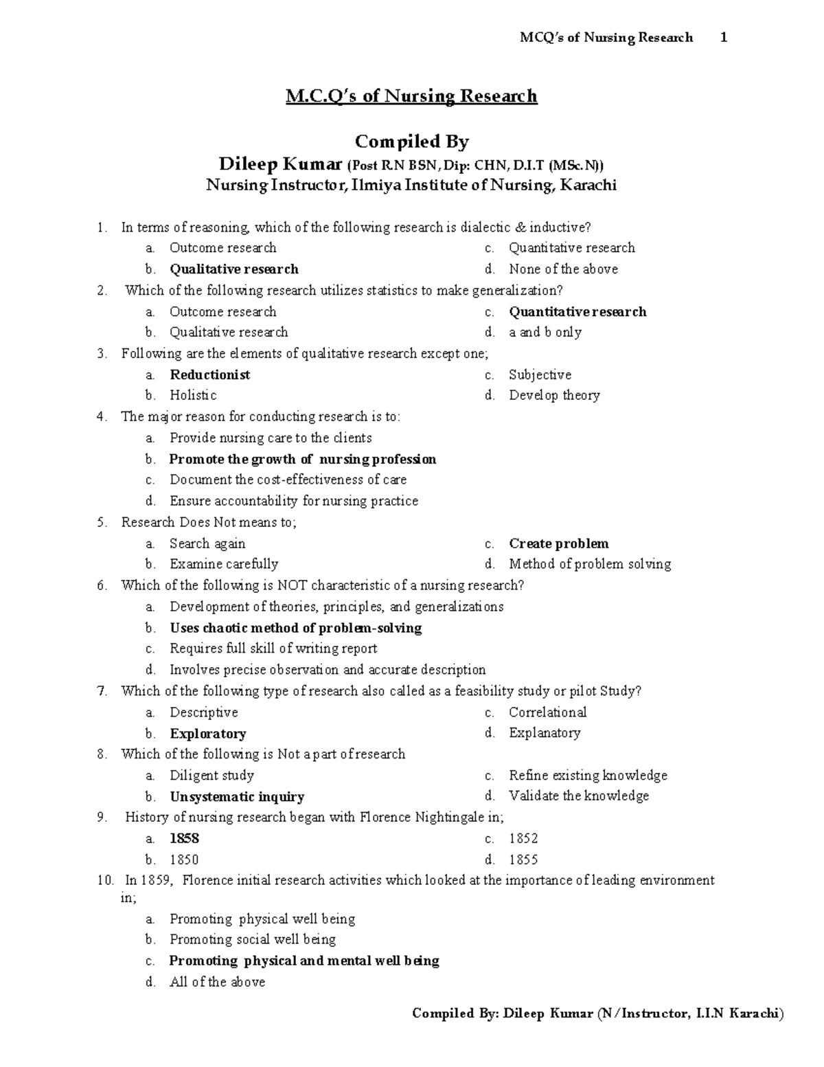 Research Solved MCQ - MCQ’s of Nursing Research 1 M.C’s of Nursing Research Compiled By Dileep ...
