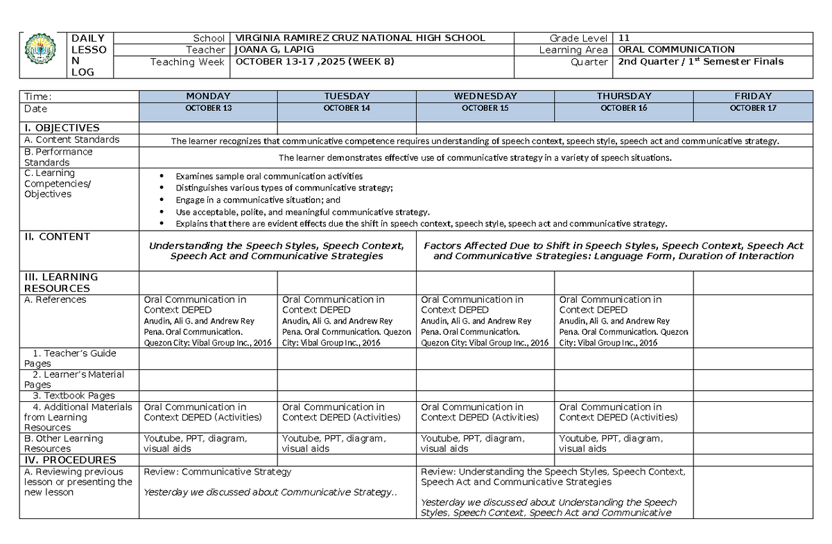 Oral Communication Lesson Plan: Week 8 (2nd Quarter) - Studocu