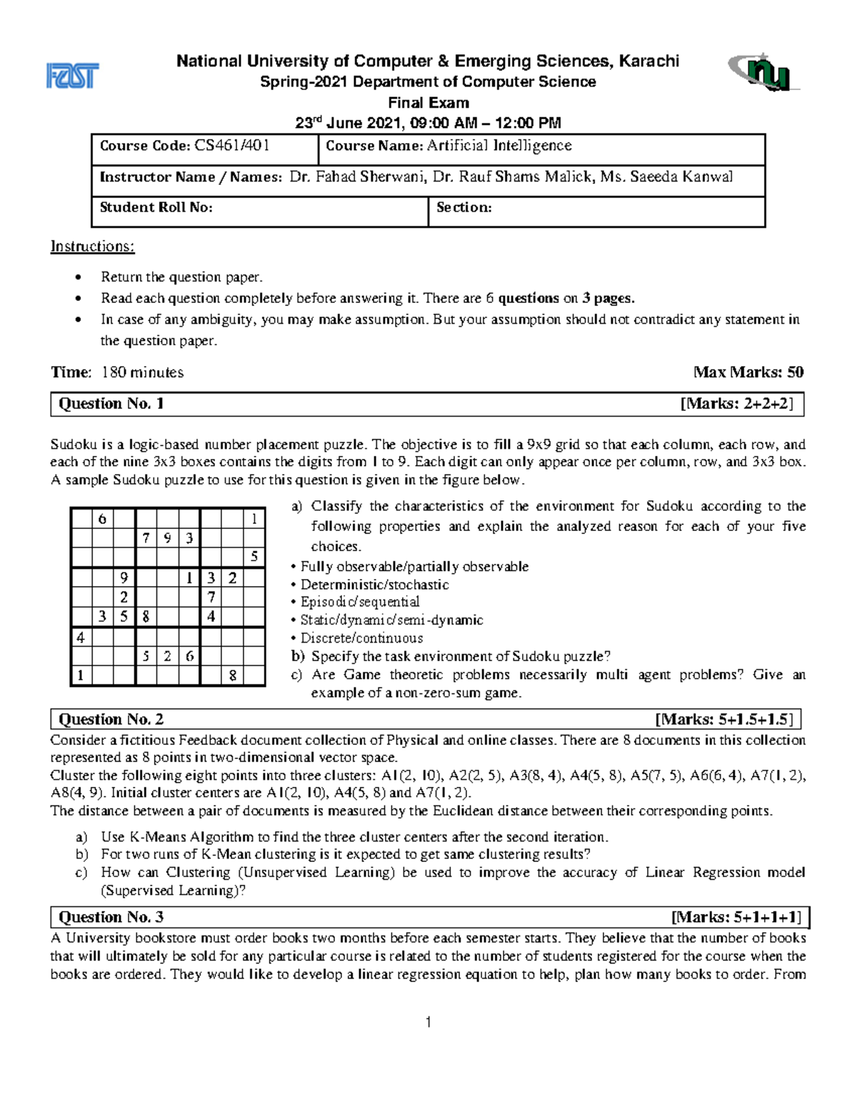 AI Final Exam - National University of Computer Science (June 2021 ...