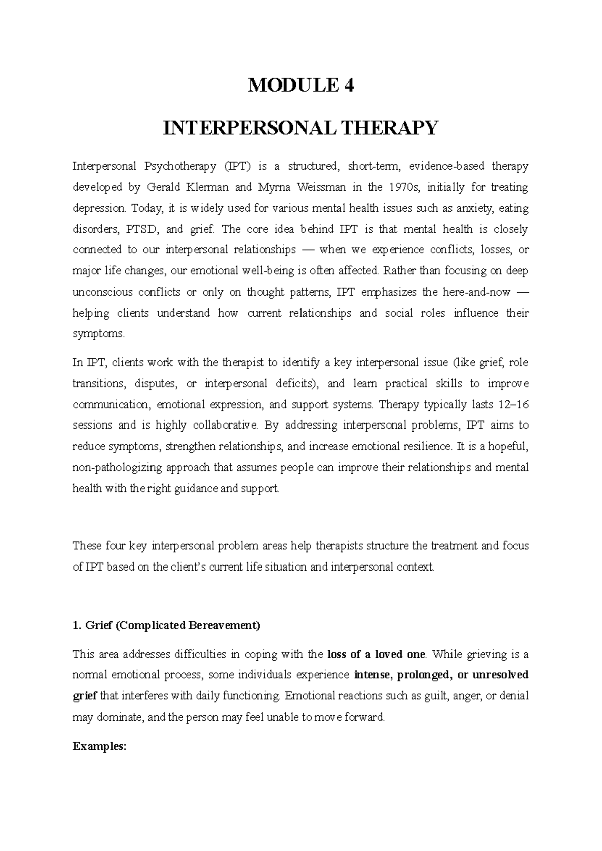 Module 4- DBT - contains case study - MODULE 4 INTERPERSONAL THERAPY ...