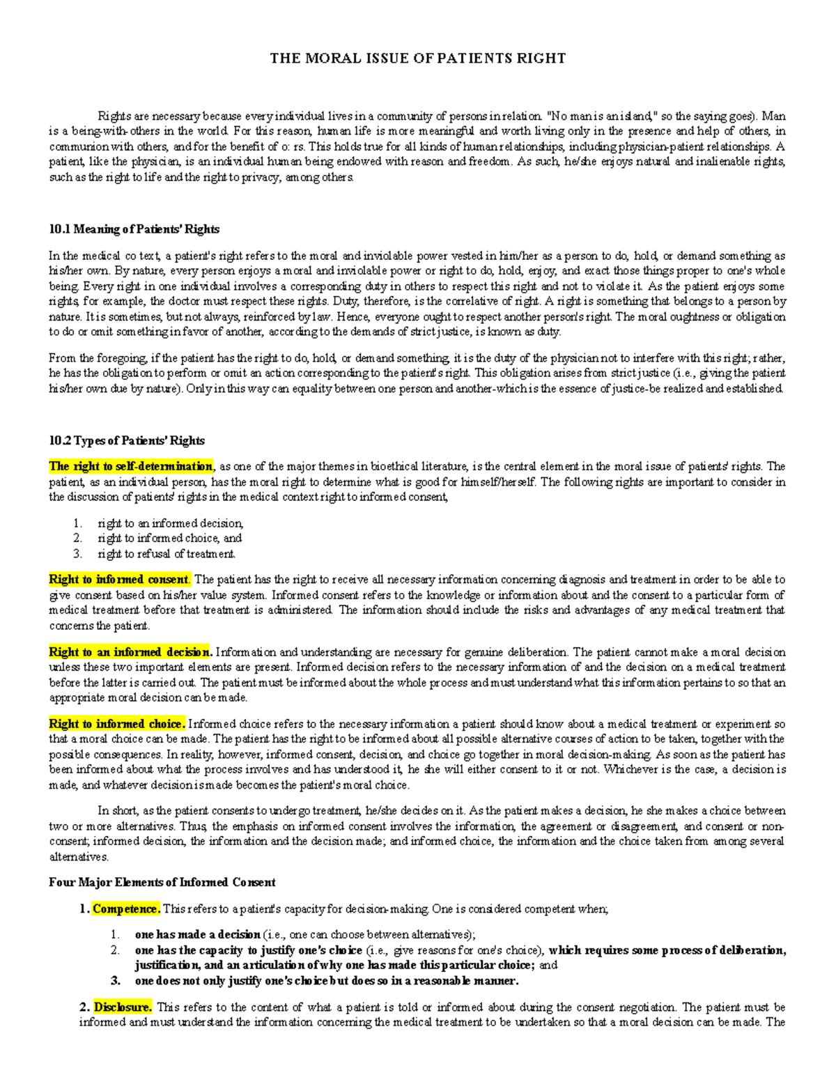 Bioethics - The Moral Issue of Patients' Rights and Informed Consent ...