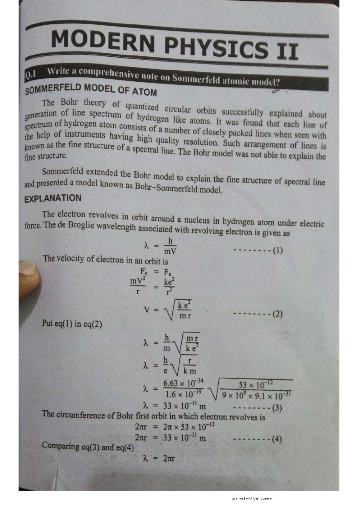 Modern Physics II: Comprehensive Notes on Sommerfeld Atomic Model - Studocu