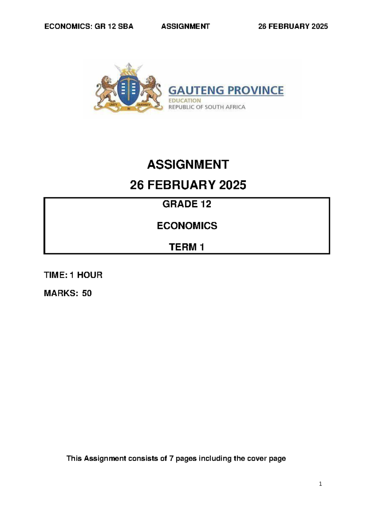 Economics GR 12 Term 1 SBA Assignment - 26 Feb 2025, 50 Marks - Studocu