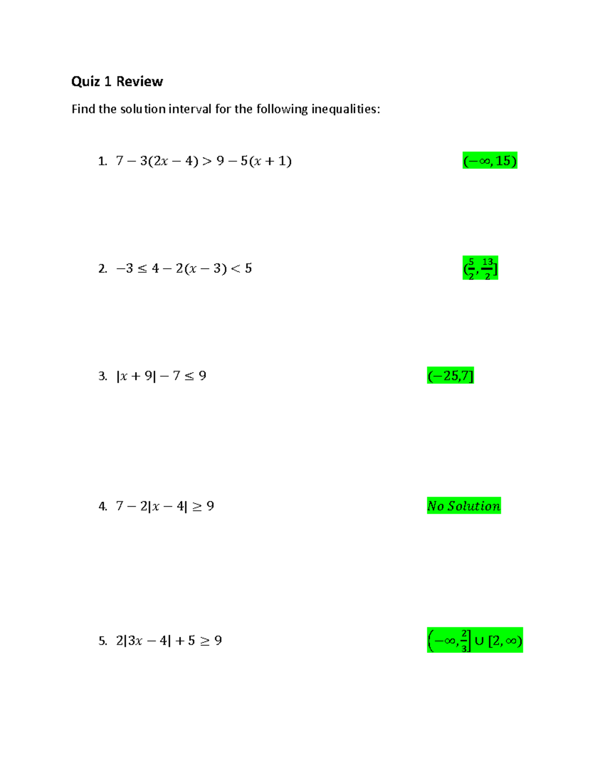 Math 106 Quiz 1 Review: Solution Intervals for Inequalities - Studocu