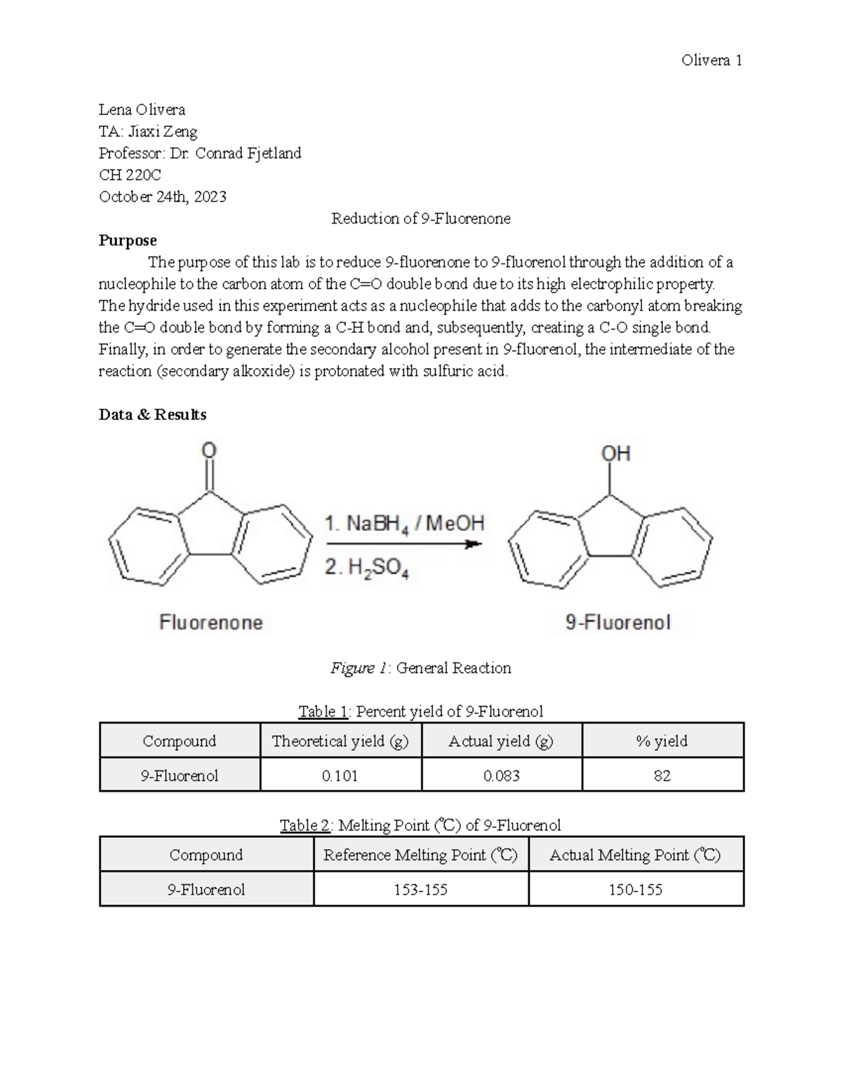 CH 220C Lab: Reduction of 9-Fluorenone to 9-Fluorenol Analysis - Studocu