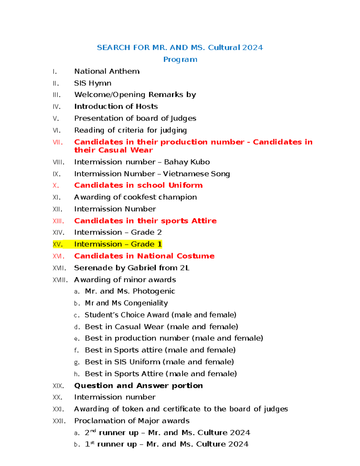 Cultural 2024 Pageant Program Flow and Award Details - Studocu