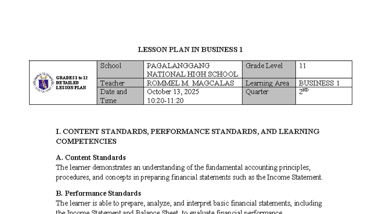 Detailed Lesson Plan: Income Statement for Business 1 (Grade 11) - Studocu