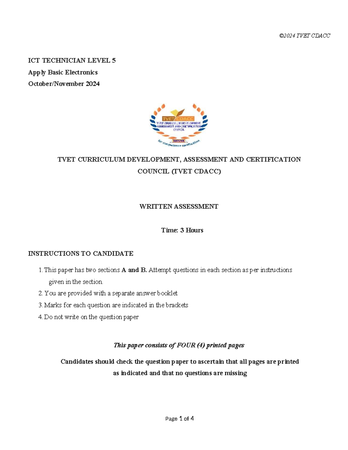 TVET CDACC ICT TECHNICIAN LEVEL 5 Basic Electronics Written Assessment ...