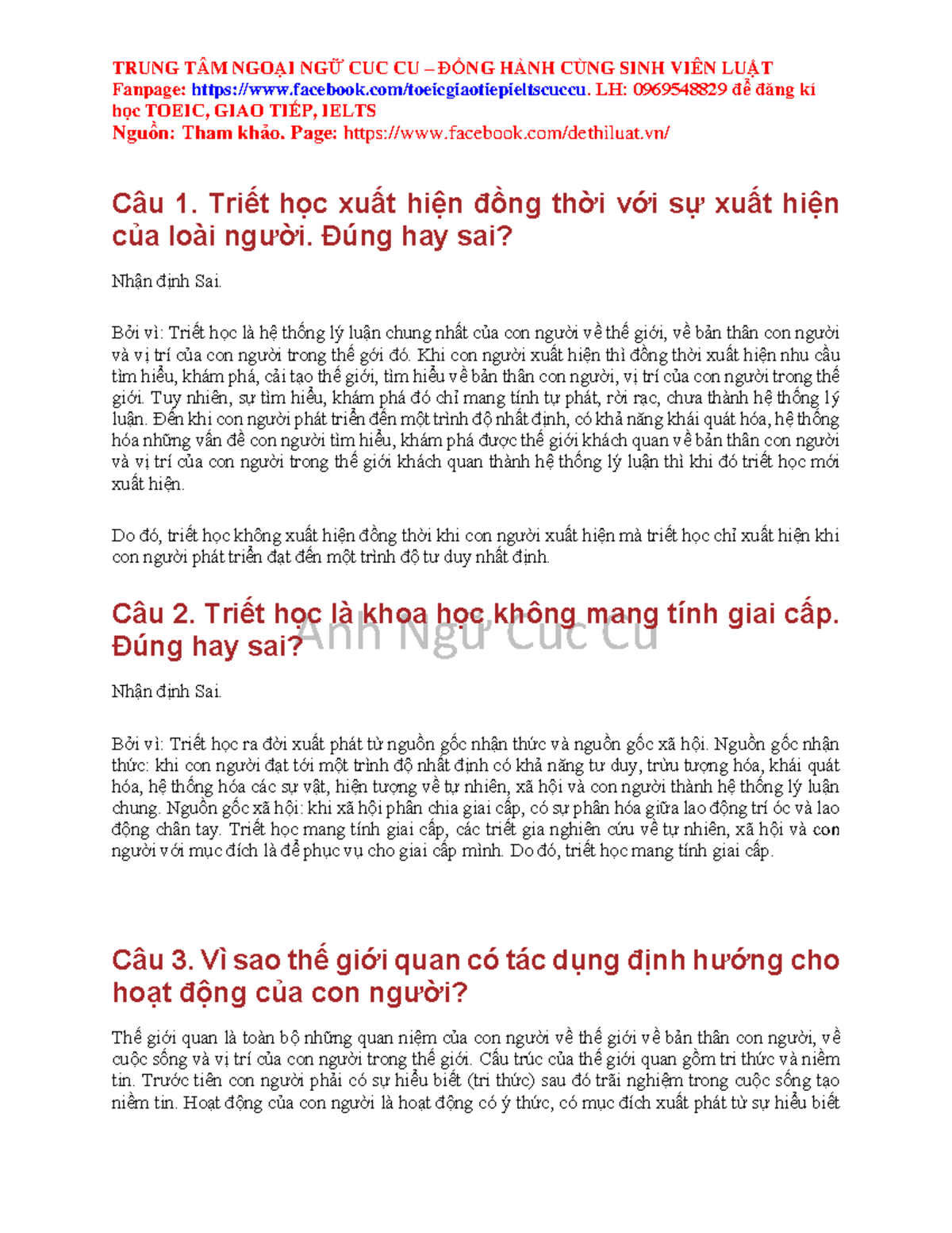 Triết Học - Nhận Định Đúng Sai Có Giải Thích - Anh Ngữ Cuc Cu-đã chuyển ...