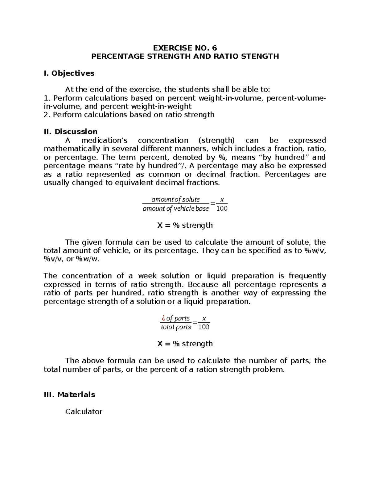 Midterm LAB Exercises-1: Percent & Ratio Strength Calculations - Studocu
