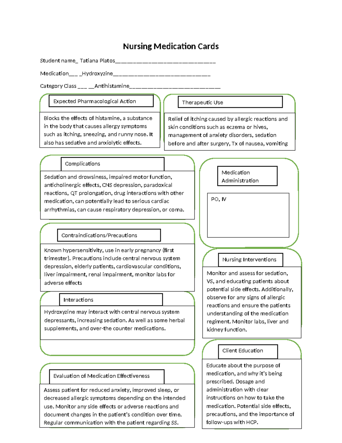 Hydroxyzine Medication Card - Nursing Study Notes for Med 101 - Studocu
