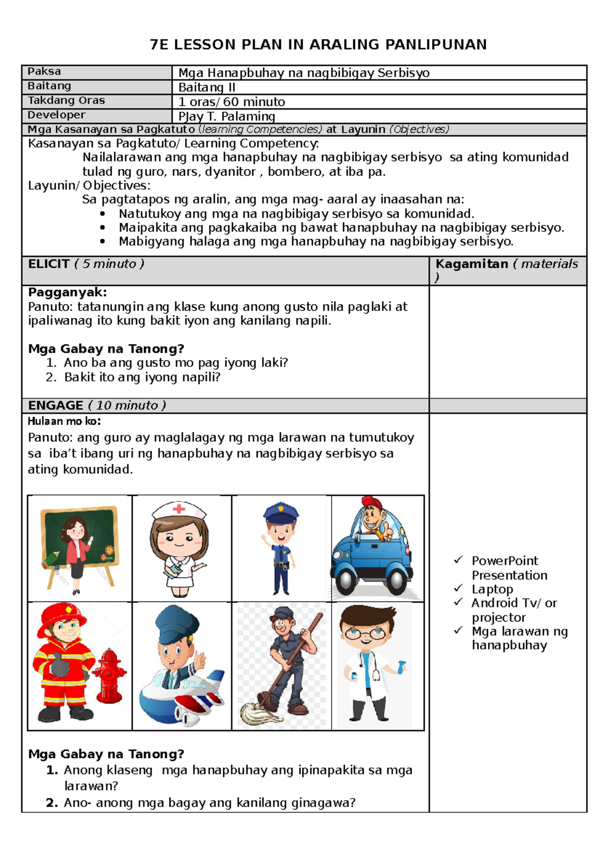 7E - EGE 101 - Lesson Plan on Community Service Professions - Studocu